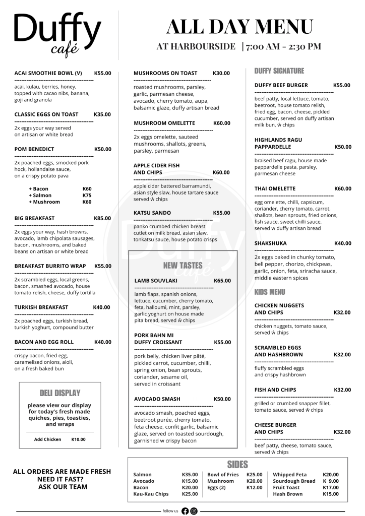 Harbourside Menu - Duffy Café